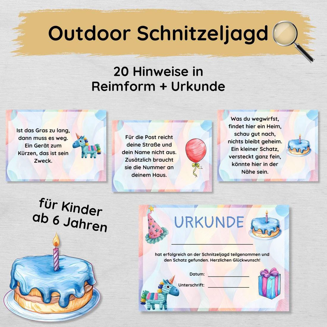 Outdoor Schnitzeljagd Kindergeburtstag - 20 Hinweise & Urkunde ...