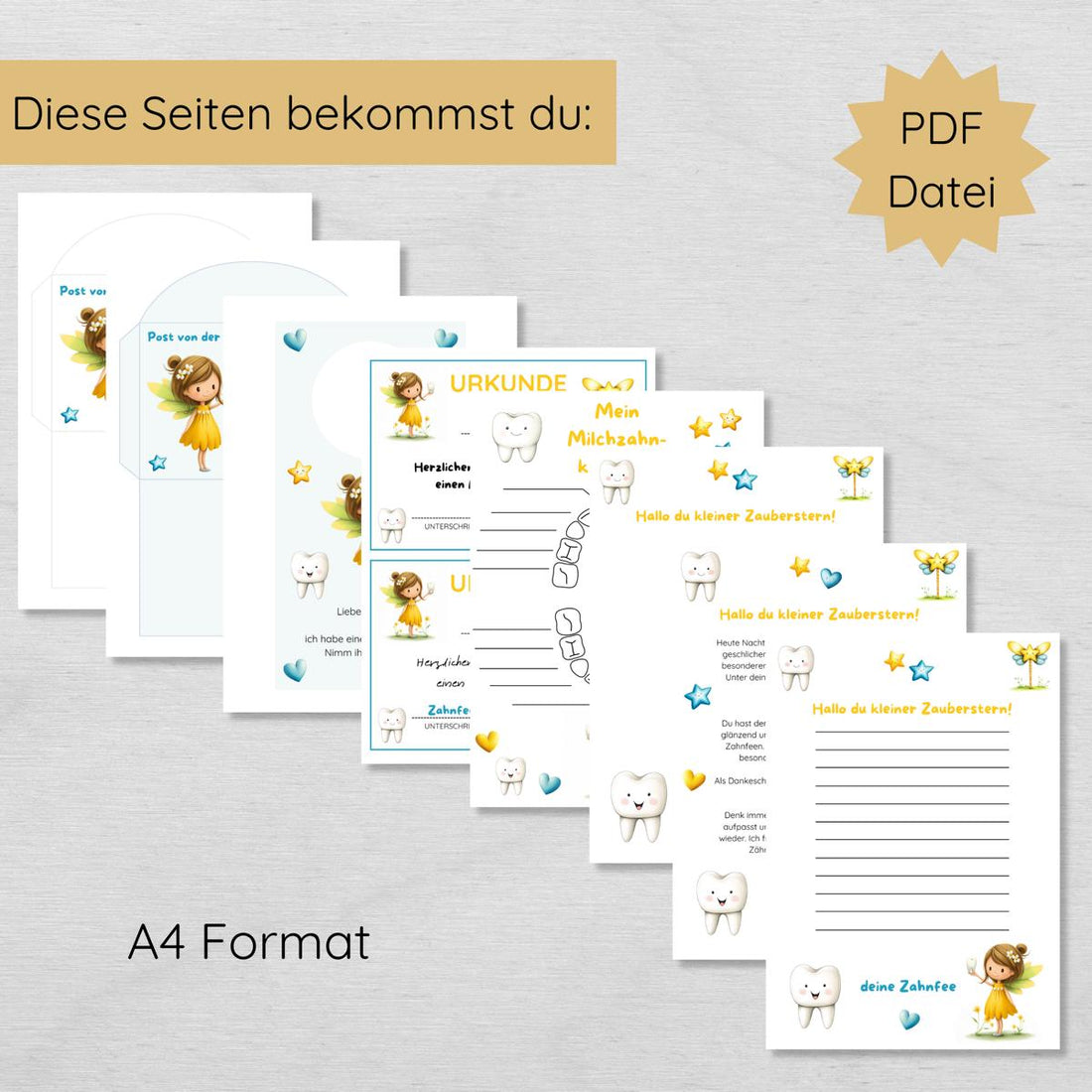 Brief von der Zahnfee Set inkl. Urkunde und Briefumschlag, gelb ...